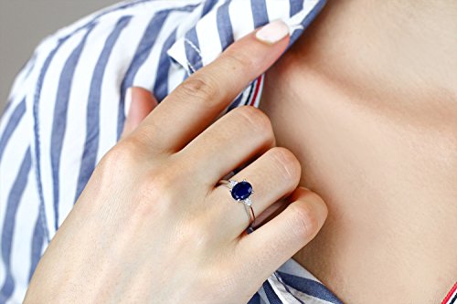 Gem Stone King 10K White Gold Blue Sapphire and White Created Sapphire 3-Stone Engagement Ring | 1.89 Cttw | 3 Stone Wedding Engagement Anniversary Promise Ring For Women (Size 9)