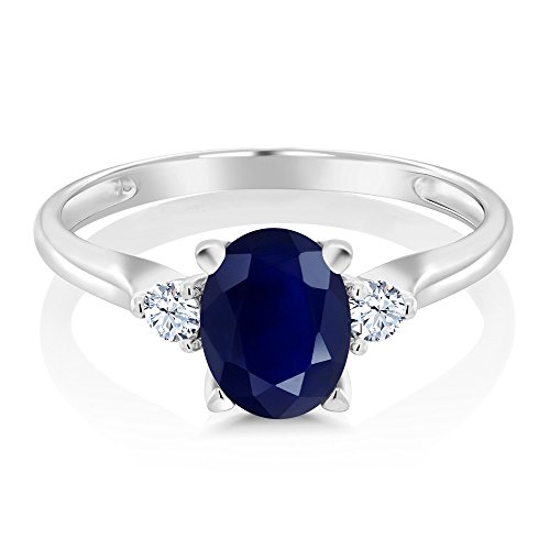 Gem Stone King 10K White Gold Blue Sapphire and White Created Sapphire 3-Stone Engagement Ring | 1.89 Cttw | 3 Stone Wedding Engagement Anniversary Promise Ring For Women (Size 9)