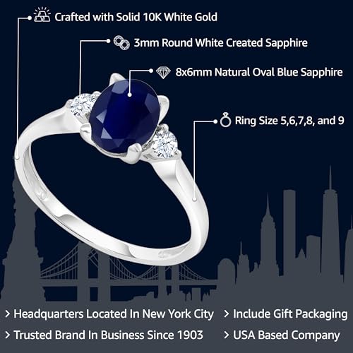 Gem Stone King 10K White Gold Blue Sapphire and White Created Sapphire 3-Stone Engagement Ring | 1.89 Cttw | 3 Stone Wedding Engagement Anniversary Promise Ring For Women (Size 9)