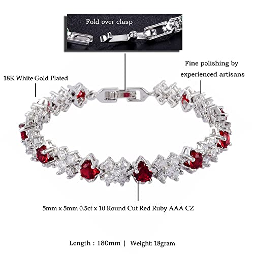 RIZILIA BLOSSOM Tennis Bracelet & Round Cut CZ [Simulated Red Ruby] in White Gold Plated, 7"