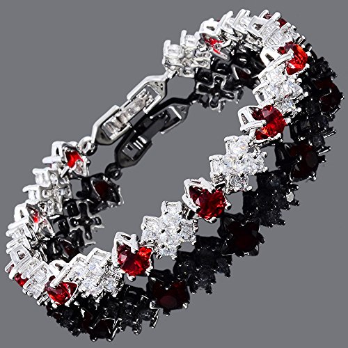 RIZILIA BLOSSOM Tennis Bracelet & Round Cut CZ [Simulated Red Ruby] in White Gold Plated, 7"