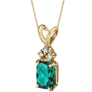 peora 14k yellow gold created emerald with genuine diamond pendant for women, elegant solitaire, radiant cut, 7x5mm, 1 carat total