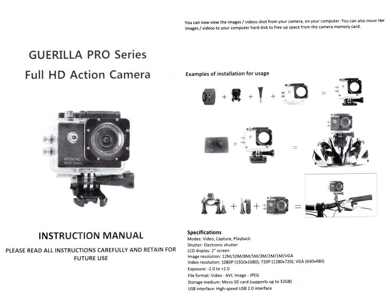 GUERILLA PRO3000 Sports Action Camera, GUERILLA Pro Series 12 MP Full HD 1080P Action Camera, Warerproof 120 Degree Wide Angle Lens 2.0inch LCD, Include Accessories