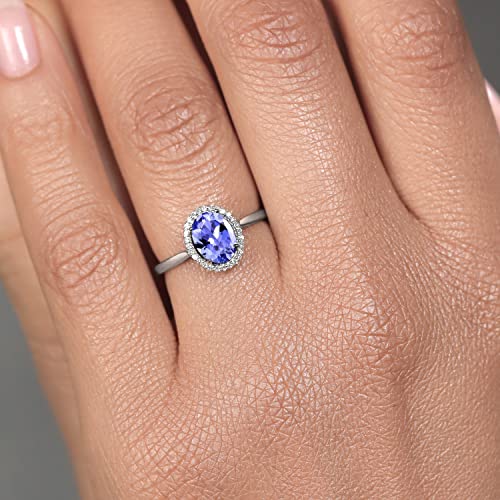 Gem Stone King 10K White Gold 8X6MM Oval Gemstone Birthstone & White Diamond Halo Engagement Ring | Wedding Anniversary Promise White Gold Ring For Women | Size 5,6,7,8,9