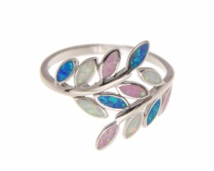 arthur's jewelry blue white pink tricolor inlay synthetic opal ring hawaiian maile leaf 925 sterling silver size 10