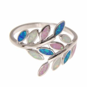 Arthur's Jewelry Blue white pink tricolor inlay synthetic opal ring Hawaiian maile leaf 925 sterling silver size 10