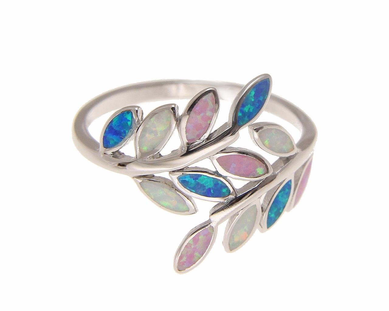 Arthur's Jewelry Blue white pink tricolor inlay synthetic opal ring Hawaiian maile leaf 925 sterling silver size 10