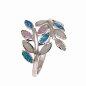 Arthur's Jewelry Blue white pink tricolor inlay synthetic opal ring Hawaiian maile leaf 925 sterling silver size 10