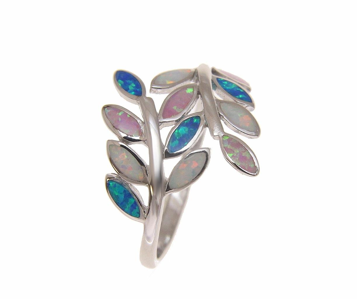 Arthur's Jewelry Blue white pink tricolor inlay synthetic opal ring Hawaiian maile leaf 925 sterling silver size 10