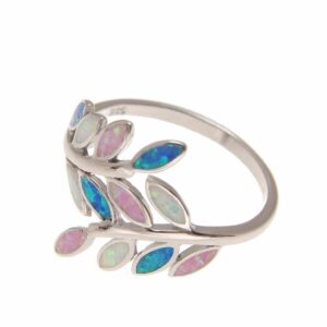 Arthur's Jewelry Blue white pink tricolor inlay synthetic opal ring Hawaiian maile leaf 925 sterling silver size 10