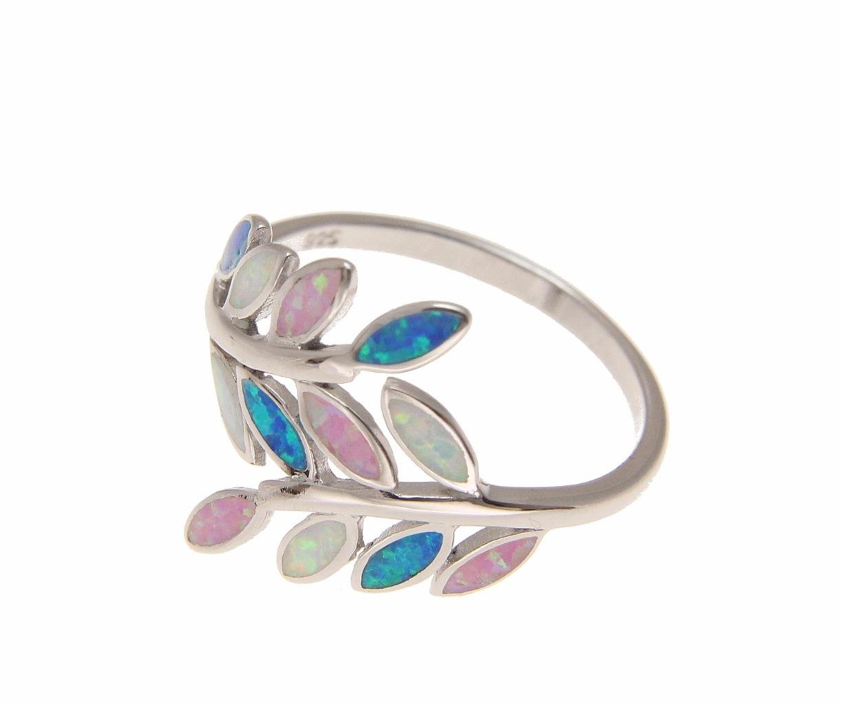 Arthur's Jewelry Blue white pink tricolor inlay synthetic opal ring Hawaiian maile leaf 925 sterling silver size 10