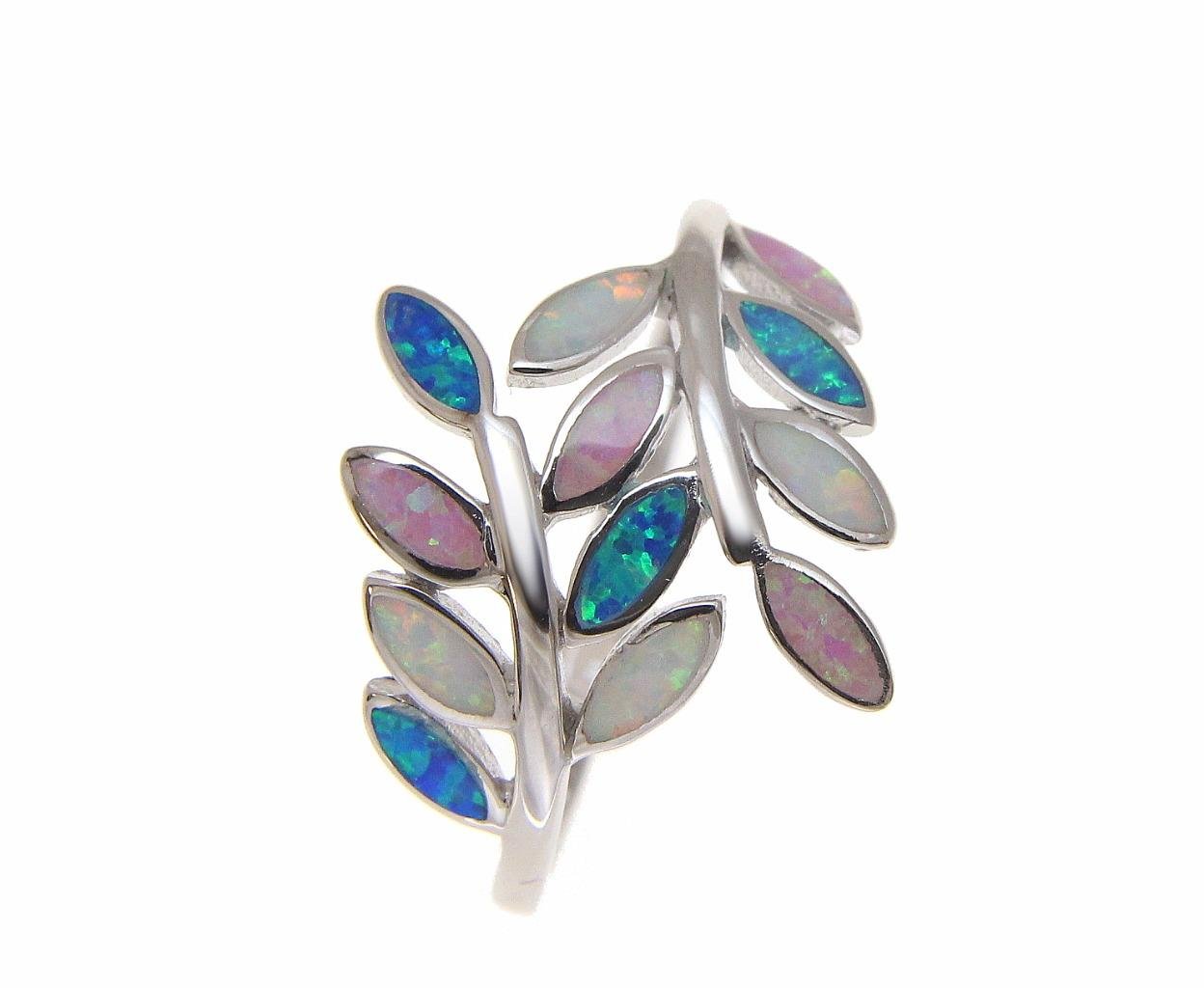 Arthur's Jewelry Blue white pink tricolor inlay synthetic opal ring Hawaiian maile leaf 925 sterling silver size 10