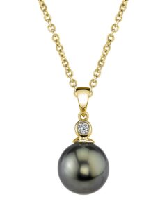 the pearl source 14k gold 11-12mm round black tahitian south sea cultured pearl & diamond michelle pendant necklace for women in 18"