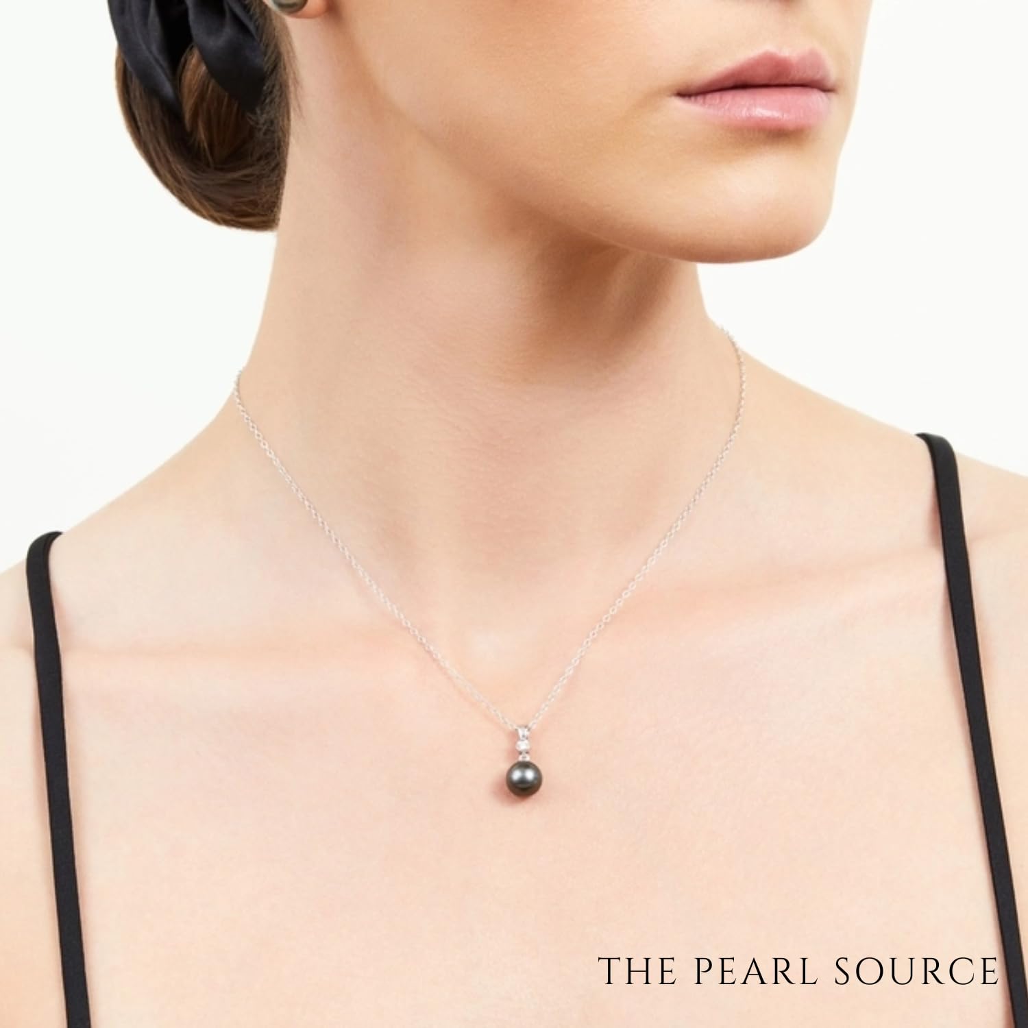 The Pearl Source 14k Gold 11-12mm Round Black Tahitian South Sea Cultured Pearl & Diamond Michelle Pendant Necklace for Women in 18"