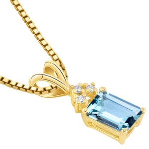 PEORA Solid 14K Yellow Gold Aquamarine and Diamonds Pendant for Women, Genuine Gemstone Birthstone Solitaire, Emerald Cut, 7x5mm