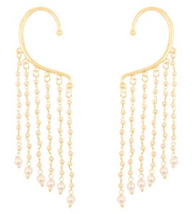 touchstone indian bollywood innovative ear shape lucrative look faux pearls hangings long bridal chandelier designer jewelry earrings for women in gold tone.