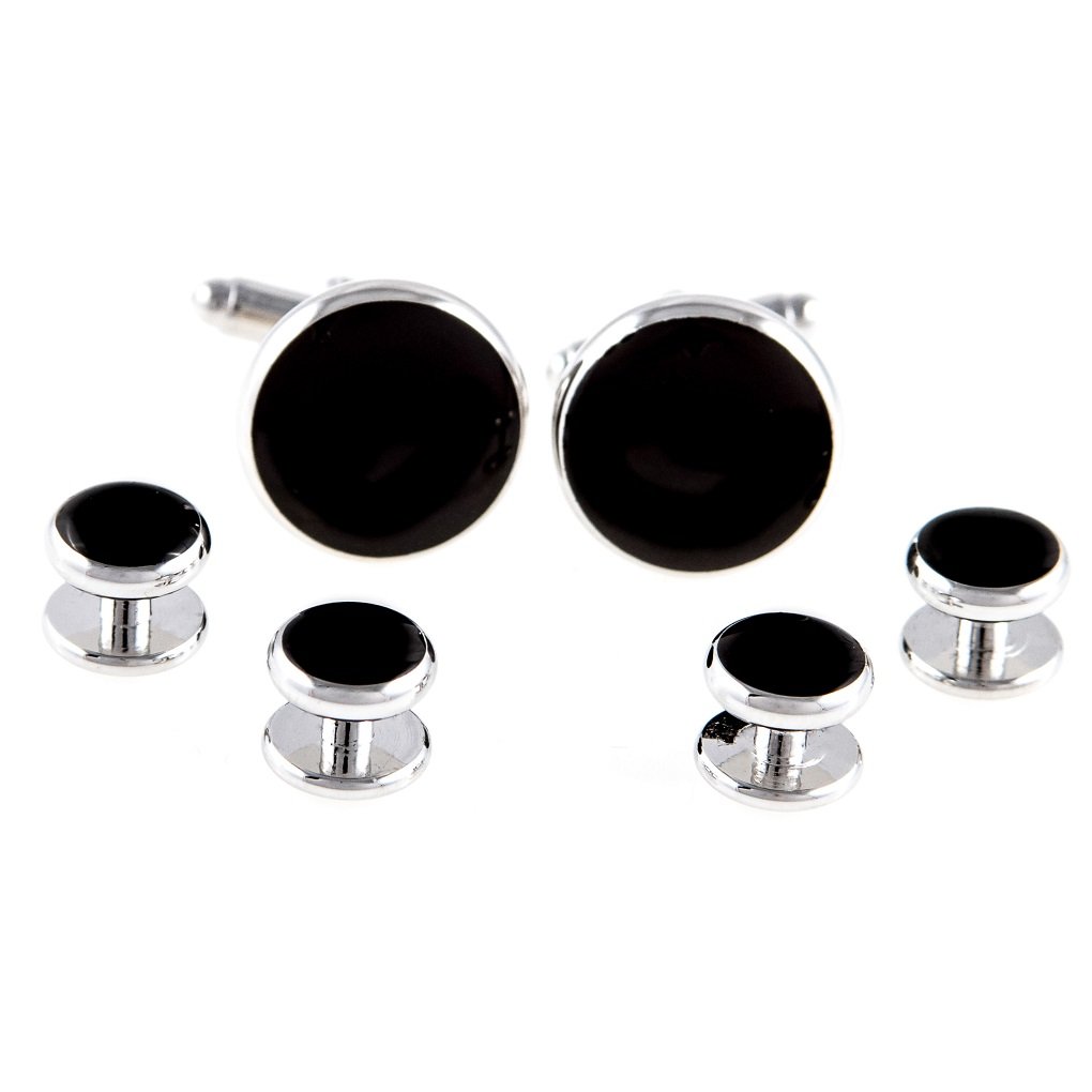 MRCUFF Black Onyx Round Formal Tuxedo Cufflinks & Studs Set in a Presentation Gift Box & Polishing Cloth