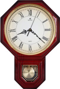 justime traditional schoolhouse pendulum wall clock chimes hourly with westminster melody made in taiwan, 4aa batteries included (pp0258-rrm red mahogany)