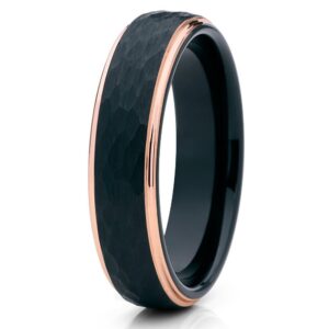 rose gold tungsten wedding ring,rose gold tungsten ring,black tungsten ring,hammered ring,6mm