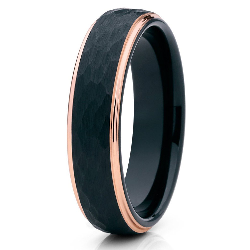 Rose Gold Tungsten Wedding Ring,Rose Gold Tungsten Ring,Black Tungsten Ring,Hammered Ring,6mm