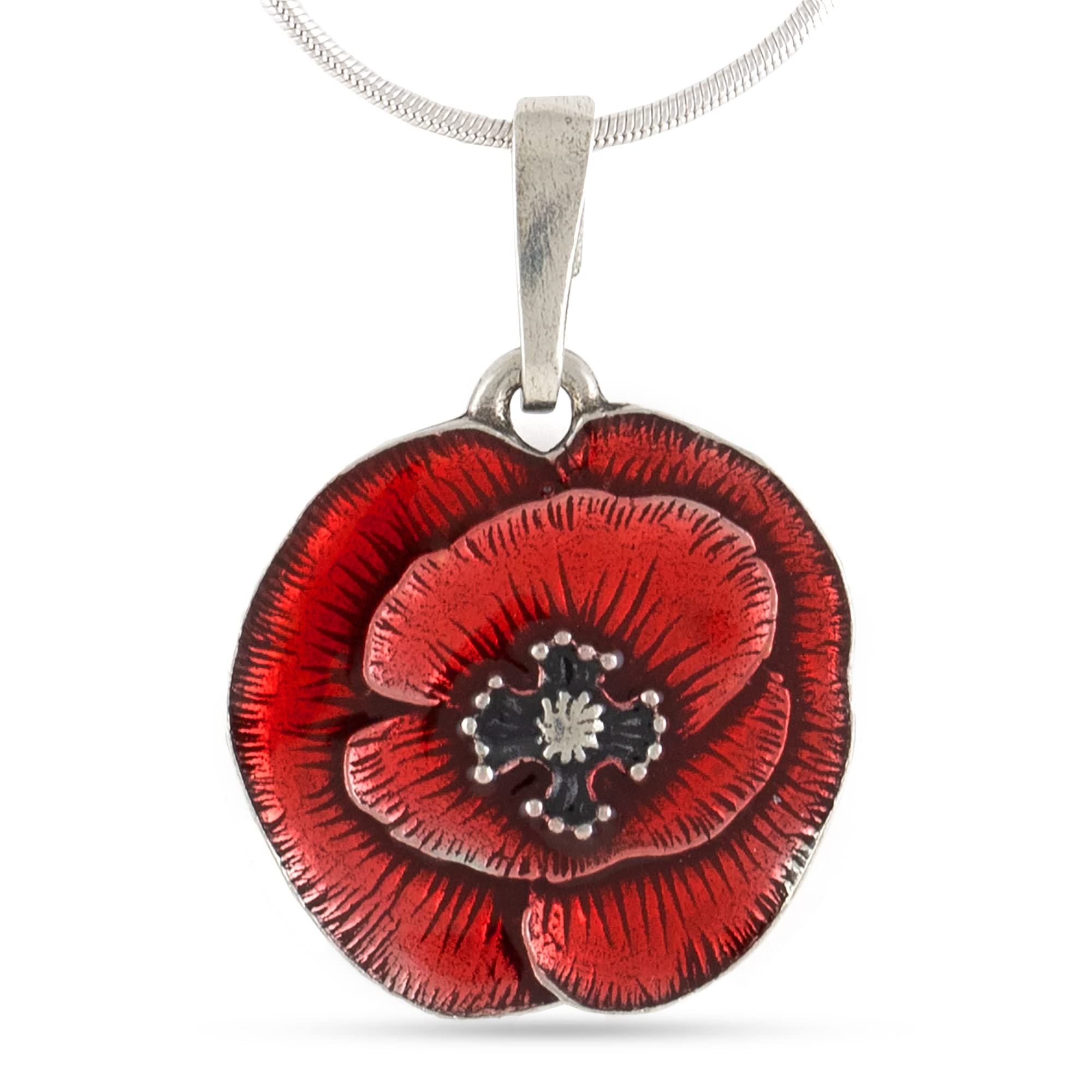 DANFORTH - Remembrance Poppy Snake Chain Necklace (Red) – Handcrafted Pewter Memorial Necklace – 18” – Made In USA