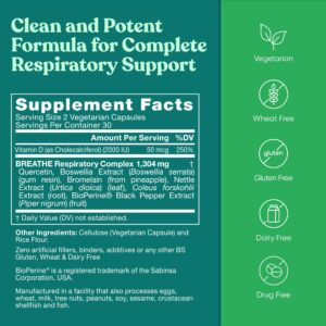 Breathe Inhaler Support Supplement – Sinus, Lungs, Open & Clear Airways – Seasonal Nasal Health, Bronchial Wellness, Healthy Chest – Quercetin, Vitamin D, Bromelain Pills – 60 Vegetarian Soft Capsules