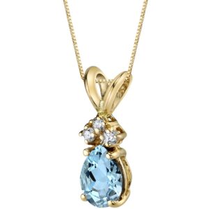 peora solid 14k yellow gold aquamarine with diamonds pendant for women, genuine gemstone birthstone dainty teardrop solitaire, pear shape, 7x5mm