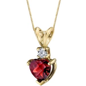 peora garnet with diamond heart pendant for women 14k yellow gold, genuine gemstone birthstone heart shape solitaire, 6mm, 1.35 carats total