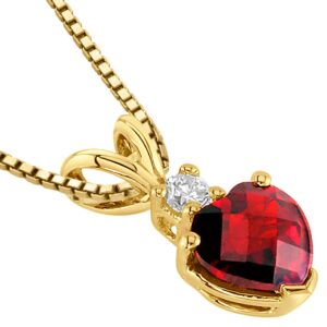 PEORA Garnet with Diamond Heart Pendant for Women 14K Yellow Gold, Genuine Gemstone Birthstone Heart Shape Solitaire, 6mm, 1.35 Carats total