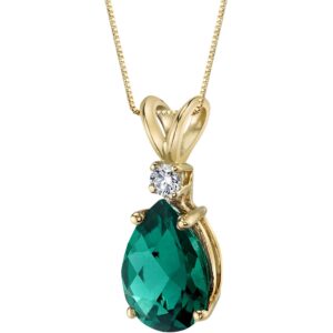 peora 14k yellow gold created emerald with genuine diamond pendant for women, elegant teardrop solitaire, pear shape, 10x7mm, 1.75 carats total