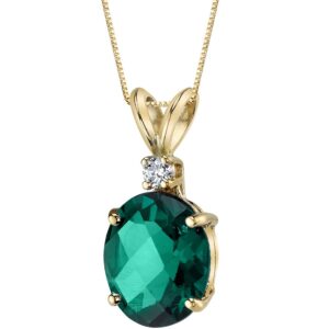 peora created emerald with genuine diamond pendant for women 14k yellow gold, 2.35 carats total, oval shape, 10x8mm