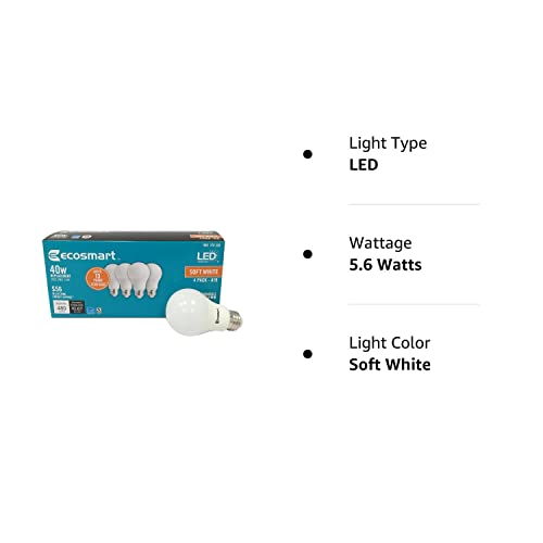 (4-Pack) EcoSmart LED A19 Dimmable 40W Replacement in Soft White (15,000 Hours, 2700K, 5.6W, Energy Star, E26)