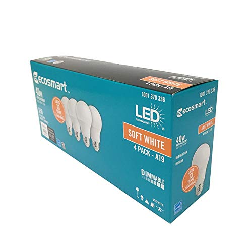 (4-Pack) EcoSmart LED A19 Dimmable 40W Replacement in Soft White (15,000 Hours, 2700K, 5.6W, Energy Star, E26)