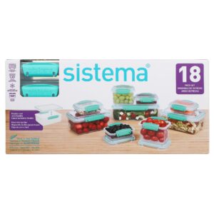 Sistema 18-Piece Food Storage Containers with Lids for Lunch, Meal Prep, and Leftovers, Dishwasher Safe, Clear/Blue