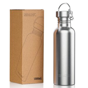 triple tree 34 oz uninsulated single walled stainless steel sports water bottle 18/8 food grade for cyclists, runners, hikers, beach goers, picnics, camping - bpa free