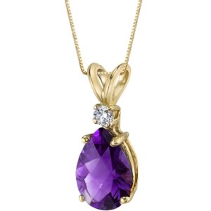 peora solid 14k yellow gold amethyst with diamond pendant for women, genuine gemstone teardrop solitaire, 1.60 carats total, pear shape, 10x7mm