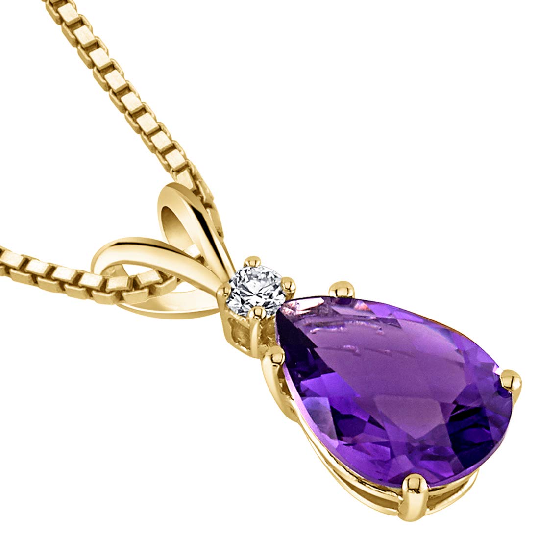 PEORA Solid 14K Yellow Gold Amethyst with Diamond Pendant for Women, Genuine Gemstone Teardrop Solitaire, 1.60 Carats total, Pear Shape, 10x7mm