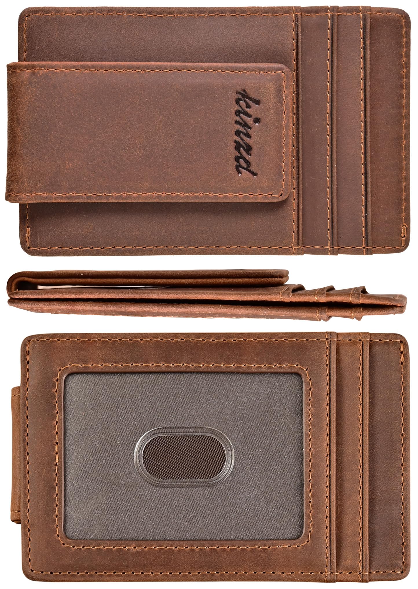 Money Clip, Front Pocket Wallet, Leather RFID Blocking Strong Magnet thin Wallet (one size,Khaki (Id Window Crazy Horse Leather))