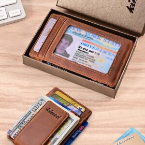 Money Clip, Front Pocket Wallet, Leather RFID Blocking Strong Magnet thin Wallet (one size,Khaki (Id Window Crazy Horse Leather))