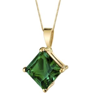 peora 14k yellow gold created emerald pendant for women, classic solitaire, 2.25 carats princess cut 8mm aaa grade