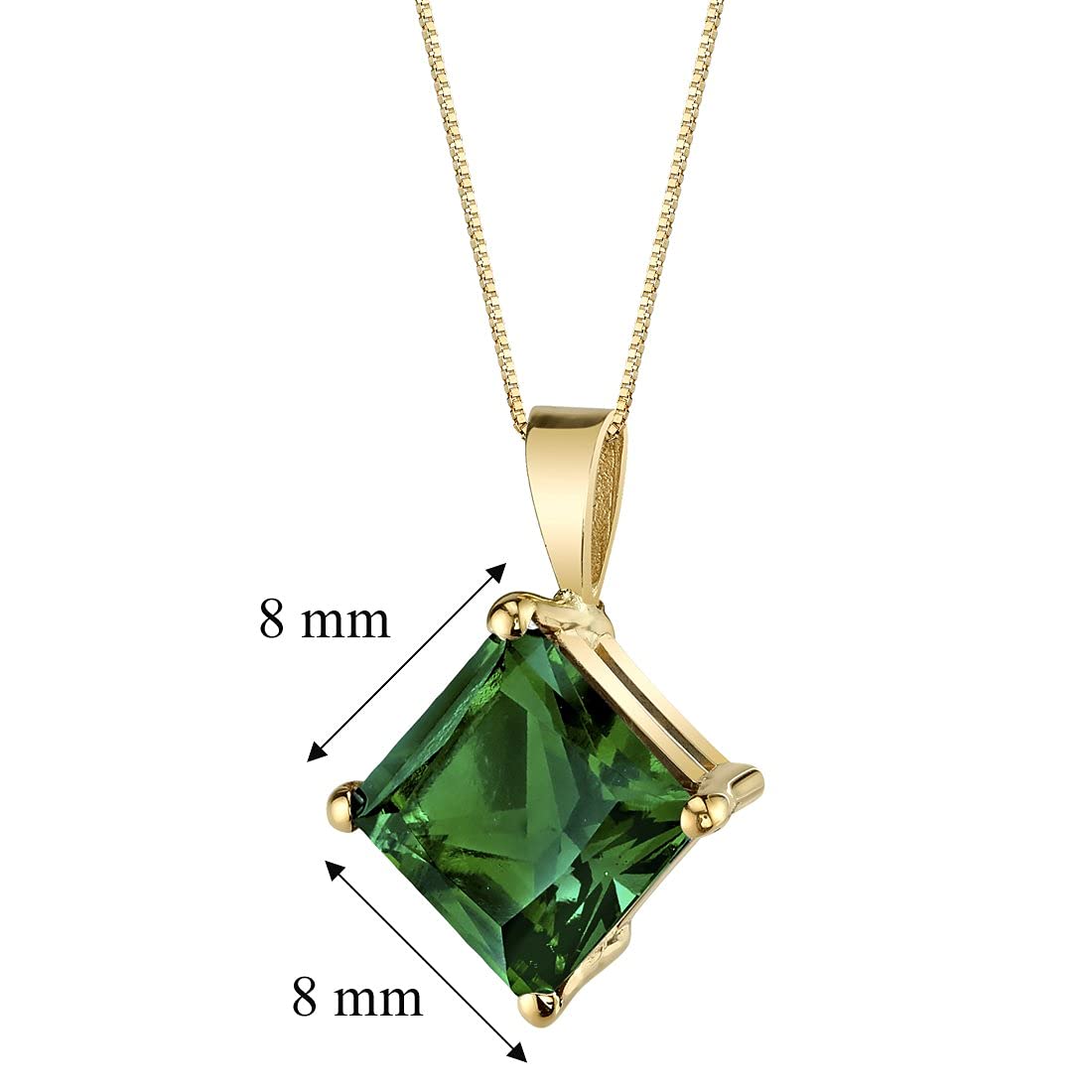 PEORA 14K Yellow Gold Created Emerald Pendant for Women, Classic Solitaire, 2.25 Carats Princess Cut 8mm AAA Grade