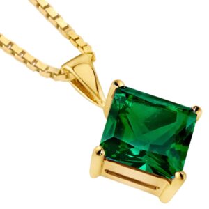 PEORA 14K Yellow Gold Created Emerald Pendant for Women, Classic Solitaire, 2.25 Carats Princess Cut 8mm AAA Grade