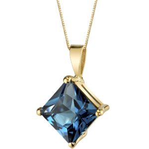 peora 14k yellow gold london blue topaz pendant for women, genuine gemstone birthstone classic solitaire, 3 carats princess cut 8mm