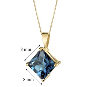 PEORA 14K Yellow Gold London Blue Topaz Pendant for Women, Genuine Gemstone Birthstone Classic Solitaire, 3 Carats Princess Cut 8mm