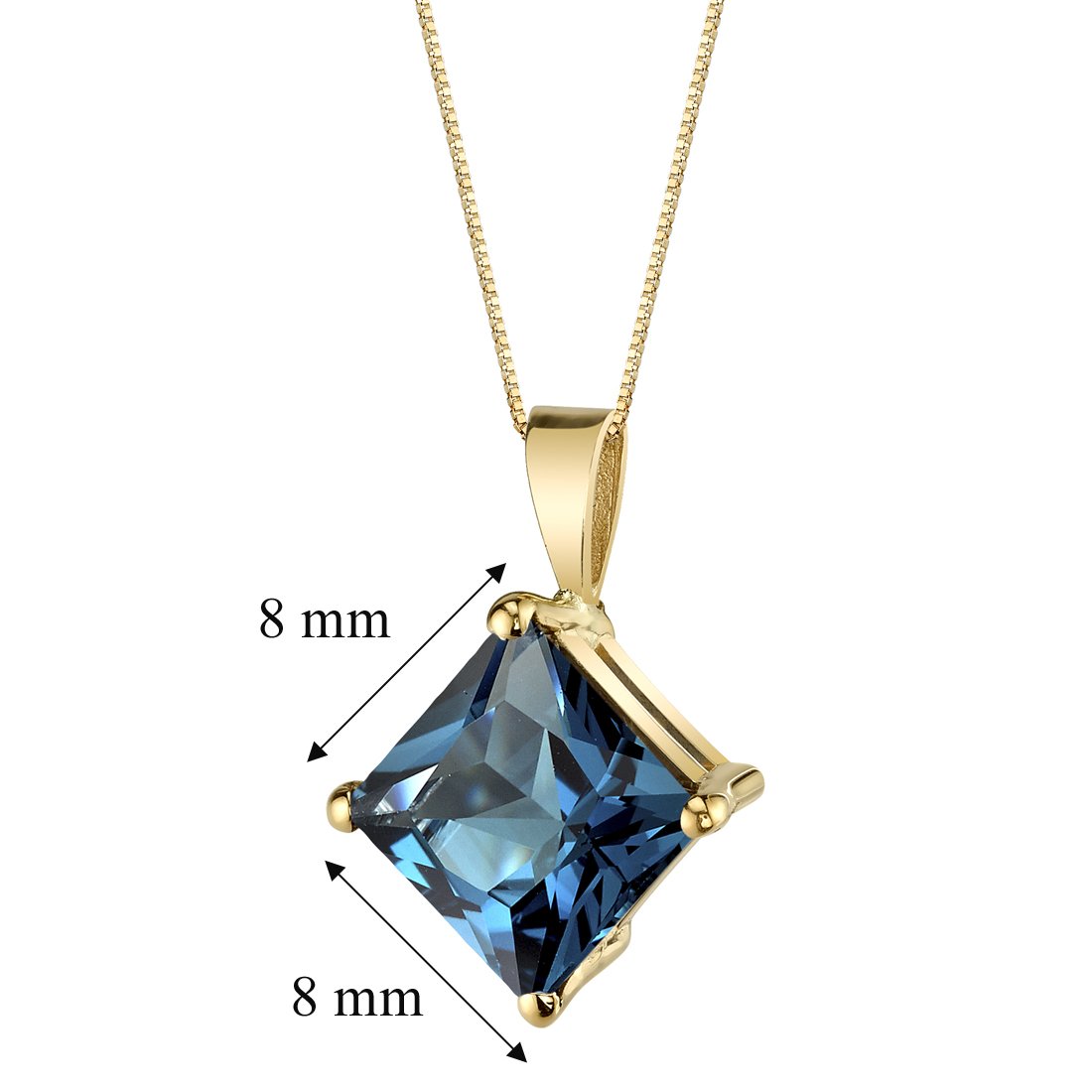 PEORA 14K Yellow Gold London Blue Topaz Pendant for Women, Genuine Gemstone Birthstone Classic Solitaire, 3 Carats Princess Cut 8mm