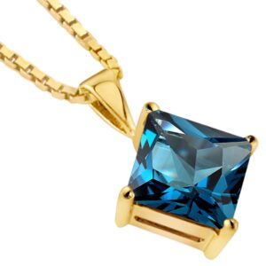 PEORA 14K Yellow Gold London Blue Topaz Pendant for Women, Genuine Gemstone Birthstone Classic Solitaire, 3 Carats Princess Cut 8mm