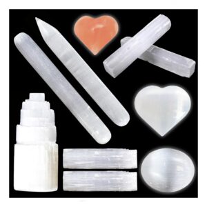 7 pcs selenite sampler set / healing kit: 1 selenite tower, palm stone-1 oval 1 heart, 3 wands-blunt pointed and raw,and 1 desert rose with a certificate of authenticity