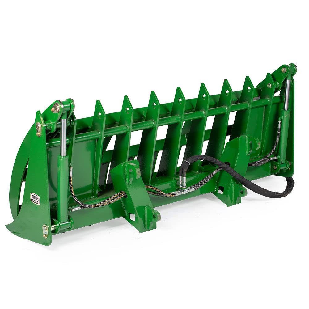 Titan Attachments 84in Clamshell Root Grapple Rake Fits John Deere Global Euro Loaders, Twin 3,000 PSI Cylinders, Brush Debris Landscaping Grapple