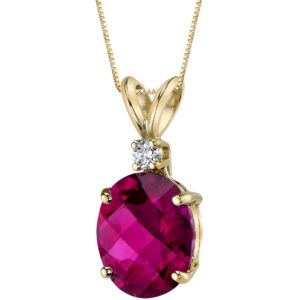 peora created ruby with genuine diamond pendant in 14k yellow gold, elegant solitaire, oval shape, 10x8mm, 3.50 carats total