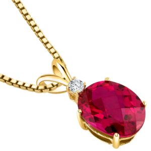 PEORA Created Ruby with Genuine Diamond Pendant in 14K Yellow Gold, Elegant Solitaire, Oval Shape, 10x8mm, 3.50 Carats total